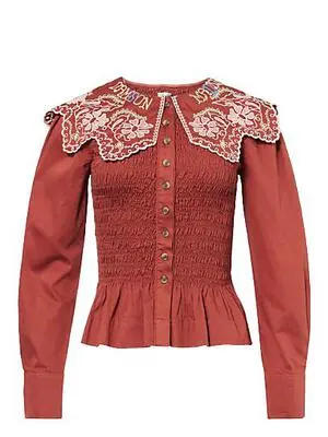 DAMSON MADDER Fern Embroidered-collar Shirred Blouse - Rust