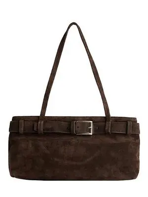 ST. AGNI Belt Baguette Leather Suede Shoulder Bag - Coffee