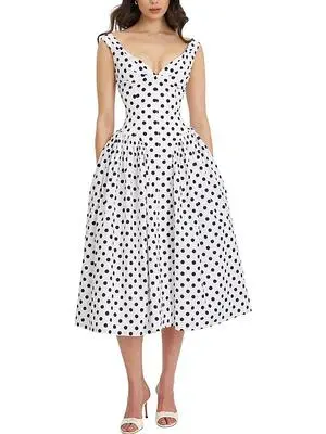 MISS CIRCLE Rahma Polka Dot Midi Dress - White Base Polka Dot