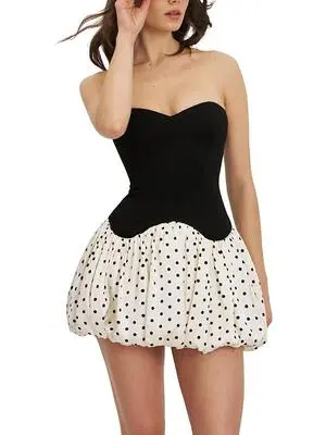 MISS CIRCLE Polka Dot Bubble Hem Corset Mini Dress - Black