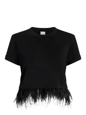 Cinq À Sept Short-sleeve Feather-trimmed Cropped T-shirt - Blue