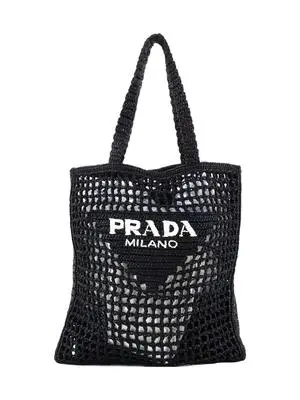 Prada Triangle Logo Raffia Tote Bag - Black