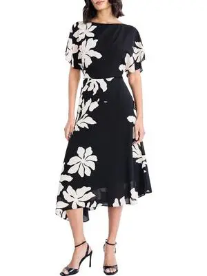 Maggy London Floral Asymmetric Midi Dress - Black/cream