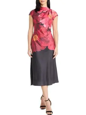 Maggy London Pleated Floral Print Cap Sleeve Satin Midi Dress - Black/flame
