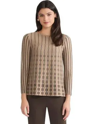 Ming Wang A-line Linear Patterned Soft Knit Top - Warm Taupe/dark Umber/ivory