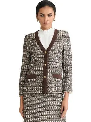 Ming Wang Tailored Tweed Knit Jacket With Trim - Dark Umber/twig/black/ivory