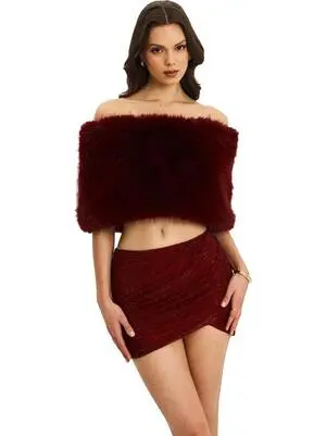 MISS CIRCLE Darla Faux Fur Off-shoulder Cropped Top - Burgundy