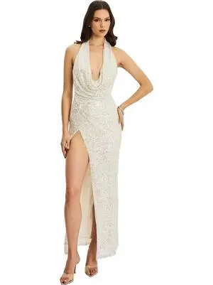 MISS CIRCLE Niamh Beaded Cowl Halter Maxi Dress - White Gold