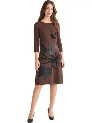 Ming Wang A-line Knit Dress With Applique - Dark Umber/black