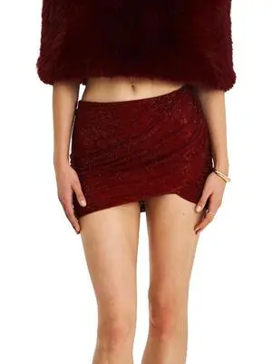 MISS CIRCLE Rhinestone Mesh Low Waist Skirt - Burgundy