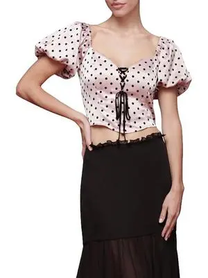 Avec Les Filles Puff Sleeve Polka Dot Crop Top - Pink And Black