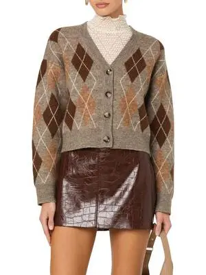 Astr The Label Ashtyn Argyle Cardigan - Brown Argyle