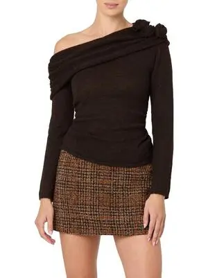 Astr The Label Fenia Embellished One-shoulder Sweater - Dark Brown