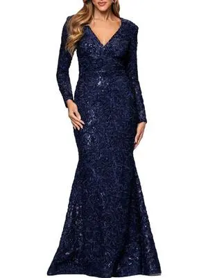 XSCAPE EVENINGS Sequin & Soutache Long Sleeve Mermaid Gown - Navy
