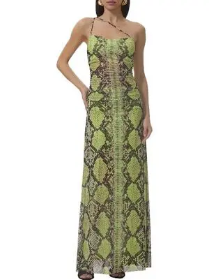 AFRM Lana One-shoulder Maxi Dress - Lime Snake