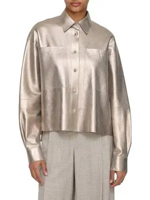 Lafayette 148 New York Metallic Stardust Suede Button-up Shirt - Natural Metallic