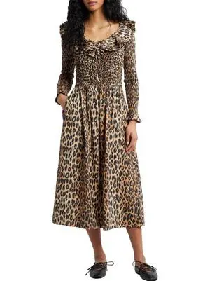DAMSON MADDER Harper Smocked Long Sleeve Midi Dress - Leopard