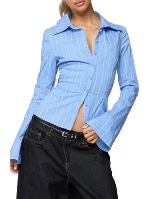 EDIKTED Pinstripe Button-up Shirt With Bell Sleeves - Blue