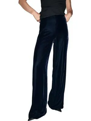Mango Velvet Wide Leg Pants - Navy