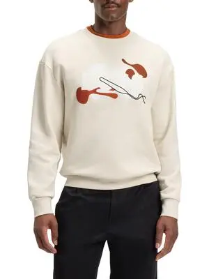 BOSS Soleri Abstract Graphic Cotton Fleece Crewneck Sweatshirt - Open White