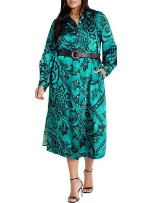 City Chic Sienna Long Sleeve Shirtdress - Paisley
