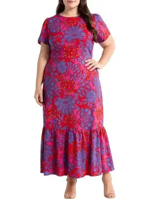 SUGARLIPS Floral Ruffle Maxi Dress - Fuchsia-multi