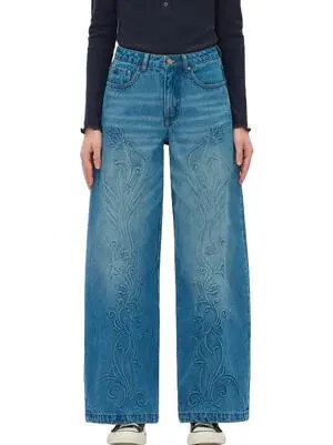 BAYEAS High-waist Wide Leg Embroidered Jeans - Medium Blue