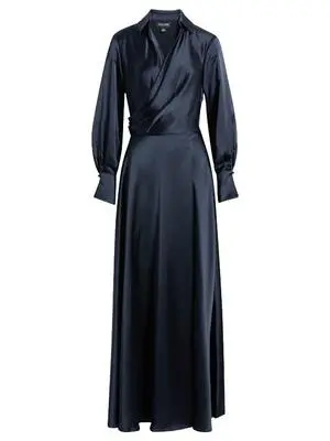 XSCAPE EVENINGS Spread Collar Long Sleeve Satin Gown - Navy