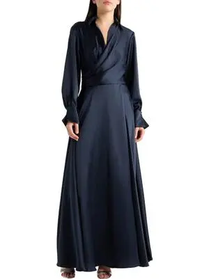 XSCAPE EVENINGS Spread Collar Long Sleeve Satin Gown - Navy