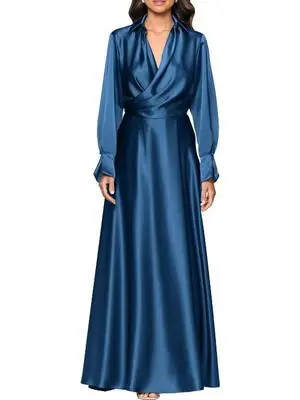 XSCAPE EVENINGS Spread Collar Long Sleeve Satin Gown - Ocean
