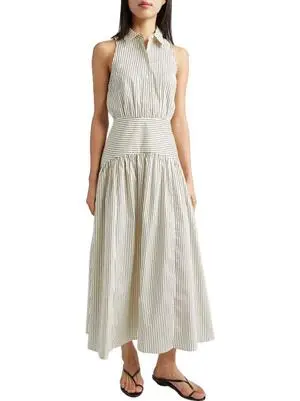 Staud Romy Sleeveless Maxi Shirtdress - Ivory/dark Oak Micro Stripe