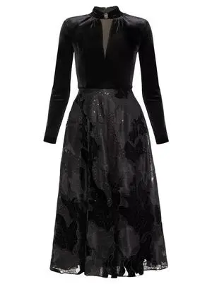 NISSA Embroidered Velvet Midi Dress - Black