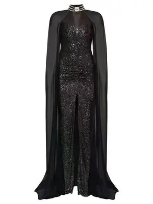 NISSA Sequin Embellished Cape Gown - Black