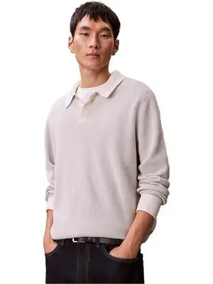 Calvin Klein Smooth Cotton Waffle Polo Sweater Tofu