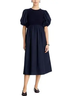 Aqua Puffed Sleeve Midi Dress - Navy