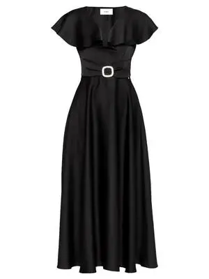 NISSA Ruffled Belted Satin Midi Dress - Black