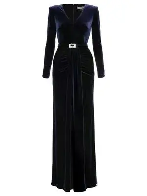 NISSA Crystal Buckle Velvet Maxi Dress - Blue