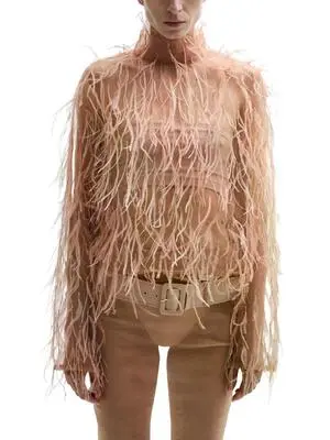 ATU BODY COUTURE Feather Trim High-neck Top - Neutrals
