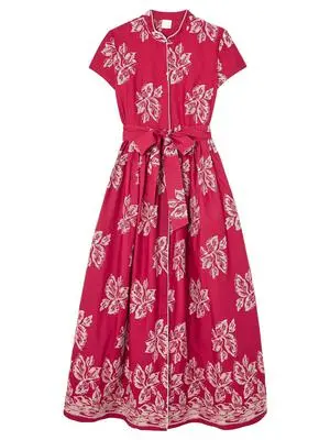 Loretta Caponi Camaiore Belted Embroidered Cotton-poplin Maxi Dress - Red