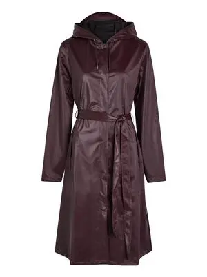 Rains Belted Hooded Longline Jacket - Burgundy