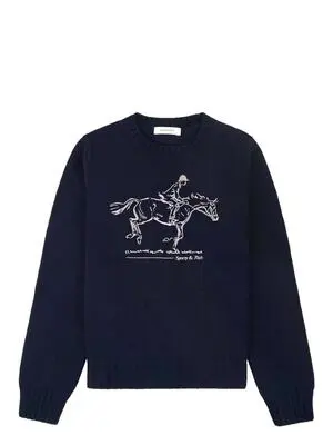 SPORTY & RICH Equestrian-embroidered Crew-neck Sweater - Blue