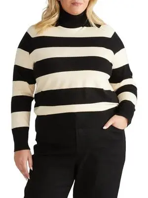 Universal Standard Renee Raglan Sleeve Turtleneck Sweater - Black/ecru Wide Stripe