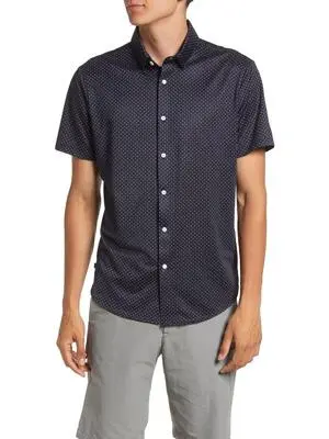 Mizzen+main Halyard Trim Fit Dot Print Short Sleeve Performance Button-up Shirt - Navy Dot Print