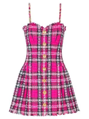 Balmain Plaid A-line Dress With Chain Straps - Pink