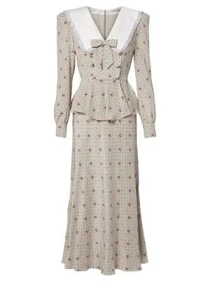 Alessandra Rich Floral Polka-dot Silk Midi Dress - Grey