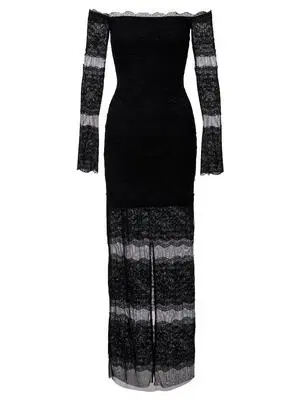 Blumarine Off-shoulder Lace Tulle Maxi Dress - Black