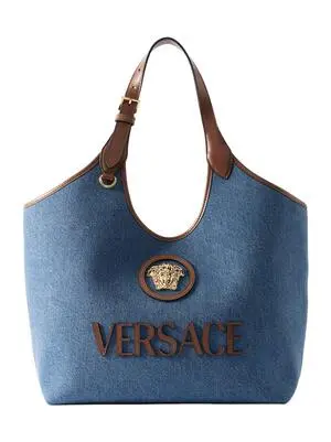 Versace La Medusa Leather-trimmed Denim Tote - Blue