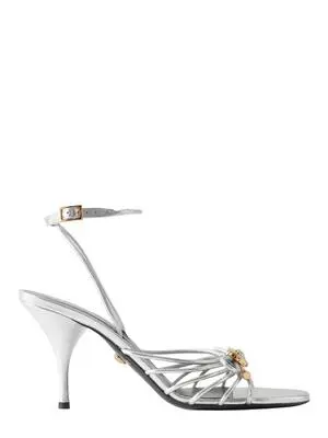 Versace Embellished Metallic Leather Sandals - Silver