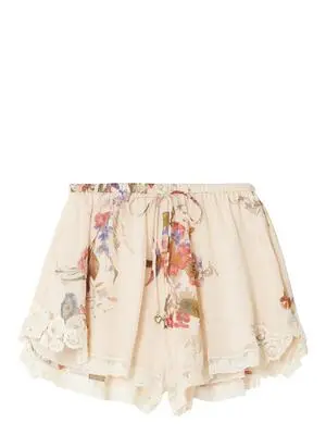 Zimmermann Patience Lace-trimmed Floral-print Cotton And Silk-blend Shorts - Ivory