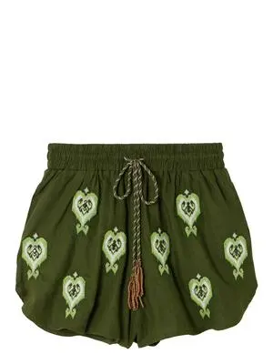 Farm Rio Embroidered Linen-blend Shorts - Green